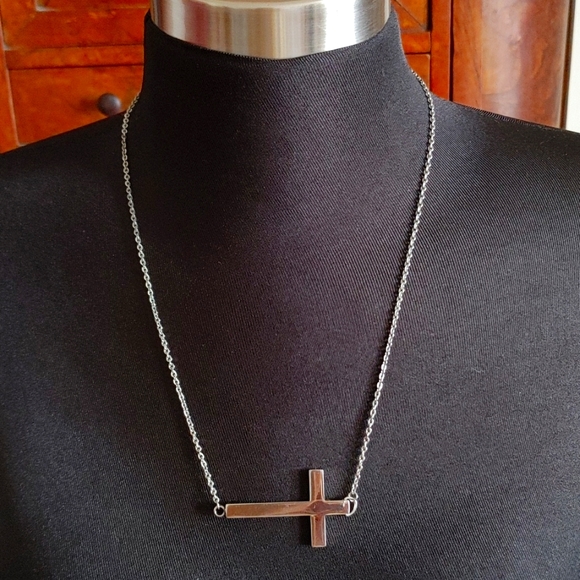 Jewelry | Thick Silver Tone Horizontal Christian Cross Necklace | Poshmark